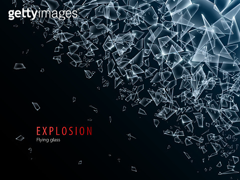 Abstract cloud of glass pieces and fragments after explosion. Shatter ...
