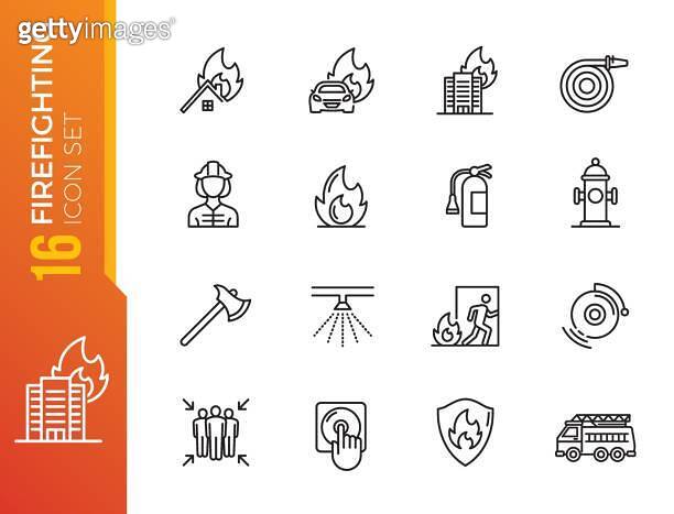 Set of Firefighter Line Icons. Fireman, Evacuation Plan, Hydrant and ...