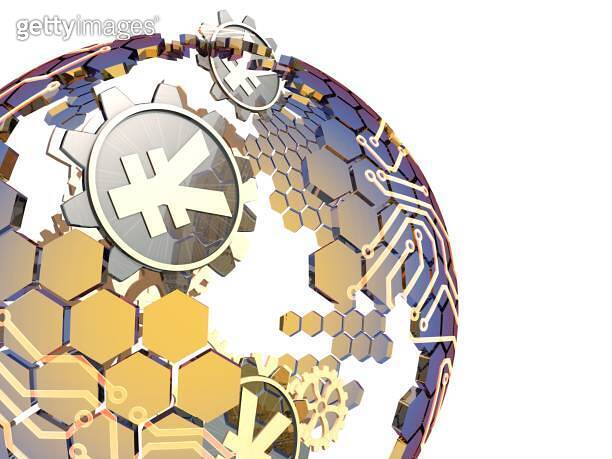 Honeycomb graphic technology globe with RMB currency symbol gear ...