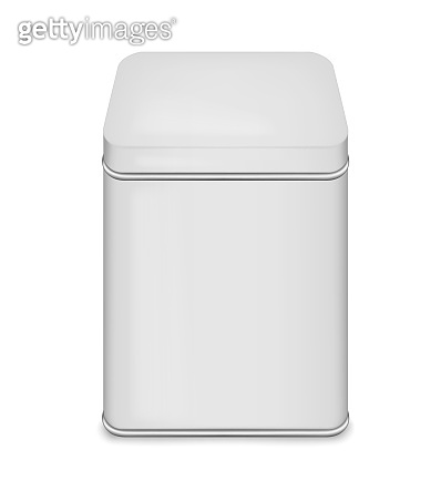 White tin box, vector mockup. Square can with lid, mock-up. Metal jar ...