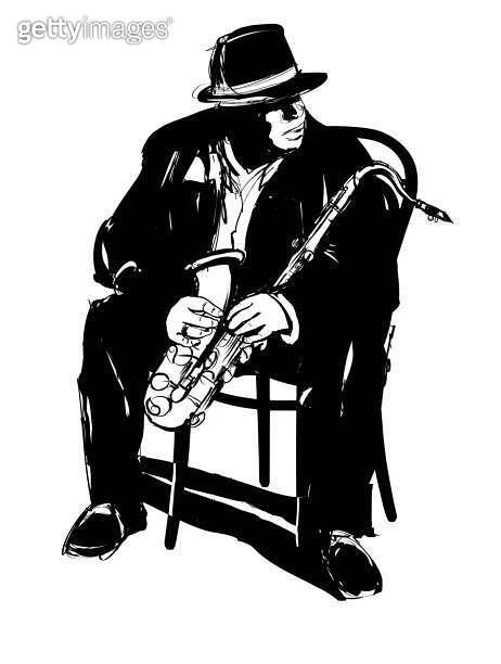 Jazz saxophone player on a chair 이미지 (1224559976) - 게티이미지뱅크