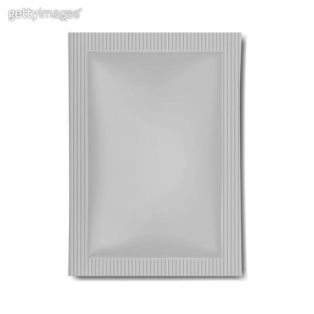 Blank gray sachet packet, vector mock-up. Individual wrapping bag for ...
