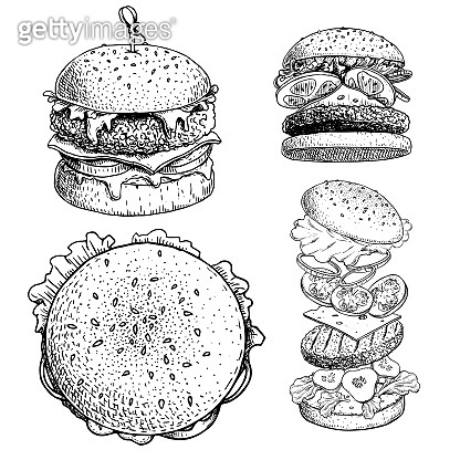 Delicious burgers set. Hand drawn sketch style drawings of different ...