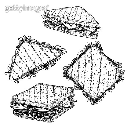 Hand drawn sketch sandwiches set. Triangle and rectangular sandwiches ...