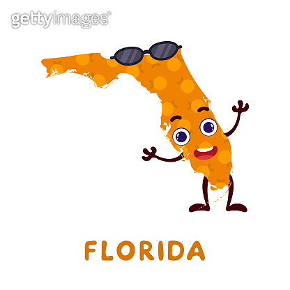 Cute cartoon Florida state character clipart. Illustrated map of state ...