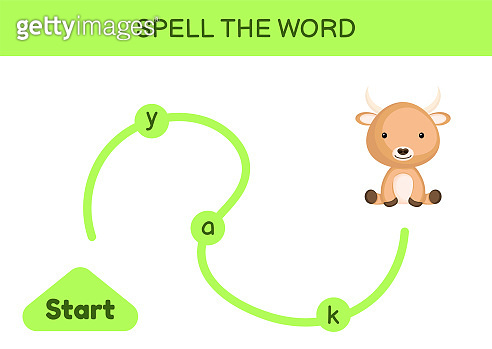 Maze for kids. Spelling word game template. Learn to read word yak ...