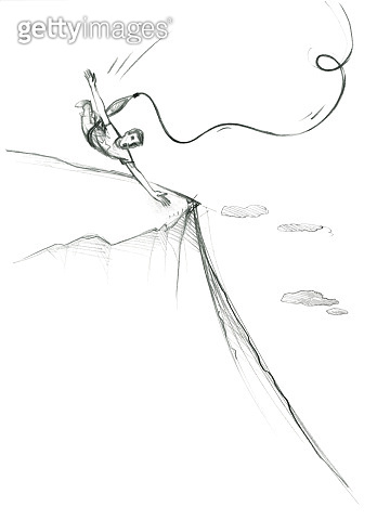 Bungee jumping. Young man a man flies over an abyss. Drawing with a ...