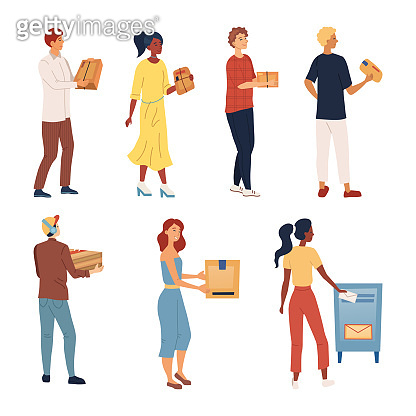 People Wait In A Queue To Send Packages And Letters. Set Of Characters ...