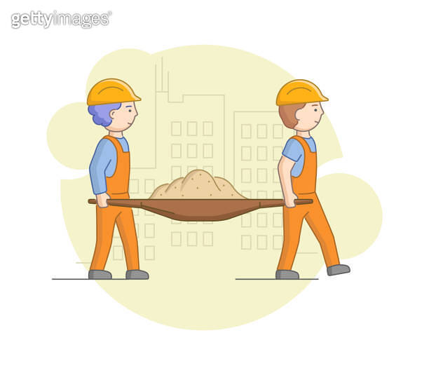 Concept Of Construction And Heavy Labor Work. Workers Men In Protective ...