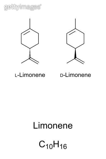 Limonene, chemical structure and formula (1258115991) - 게티이미지뱅크