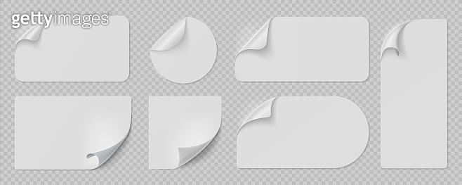 Curled pages and stickers. Round and rectangle flipped paper page ...