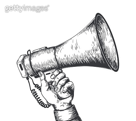 Retro hand drawn megaphone. Realistic sketch of loudspeaker. Man holding sound equipment in ...