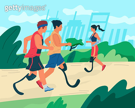 Handicapped people. Cartoon disabled persons training. Men and women ...