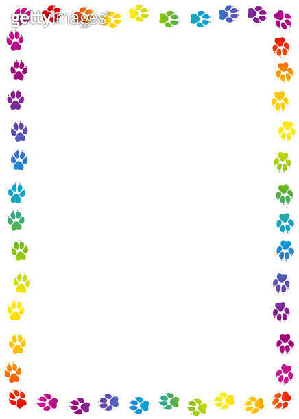 Dogs paw print frame. Rainbow colored dog track, colorful footprints ...