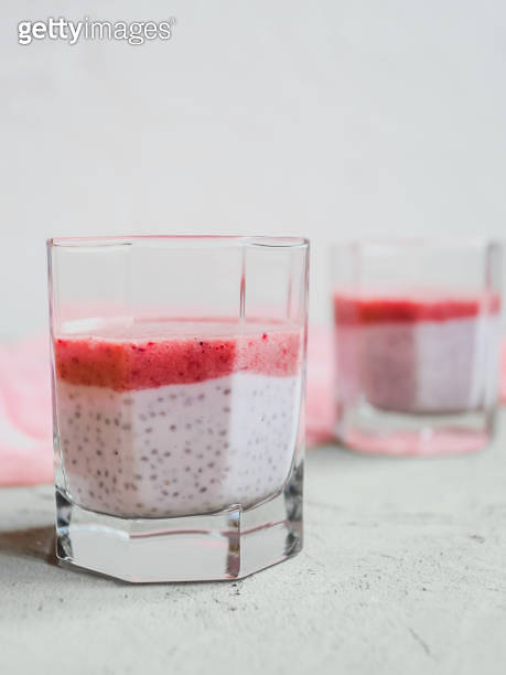 Chia pudding with mashed berries and banana, Healthy eating concept ...