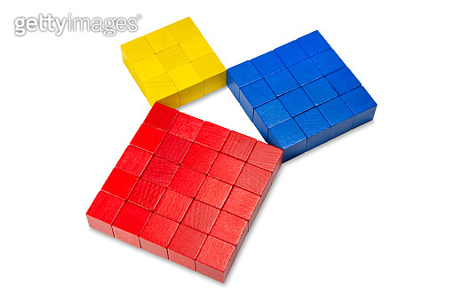 Pythagorean theorem shown with colorful wooden cubes, side view ...