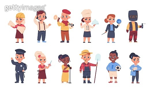 Kids in costumes. Cartoon happy children playing adults in suits of ...