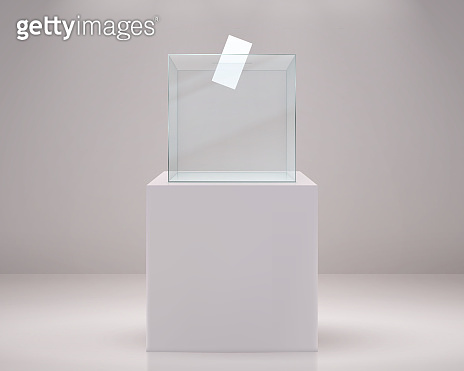 Realistic vote box. Election paper ballot, 3D transparent container on ...