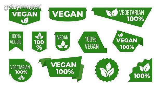Vegan green ribbons and banners. Veggie tags and stickers graphic ...