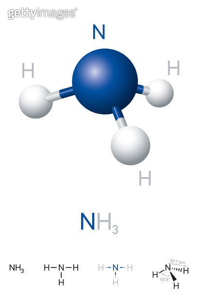 Ammonia, NH3, molecule model and chemical formula 이미지 (1199736716) - 게티 ...