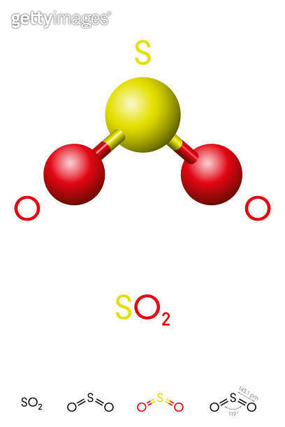 Sulfur dioxide, SO2, molecule model and chemical formula 이미지 ...