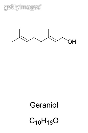 Geraniol, chemical structure and formula 이미지 (1270131099) - 게티이미지뱅크