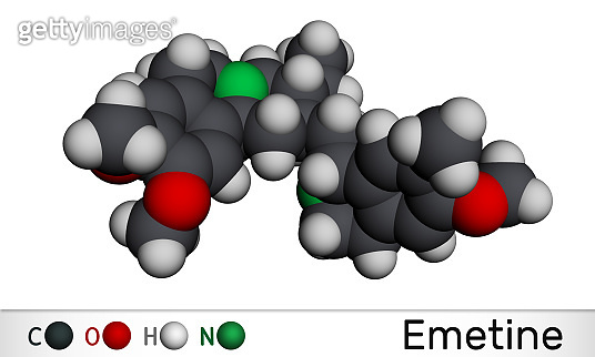 Emetine molecule. It is an antiprotozoal agent and emetic. Molecular ...