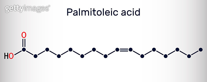 Palmitoleic acid, palmitoleate molecule. It is an omega-7 ...