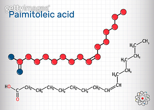 Palmitoleic acid, palmitoleate molecule. It is an omega-7 ...