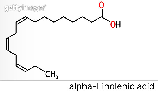 Alpha-linolenic acid, ALA molecule. Carboxylic, polyunsaturated omega-3 ...