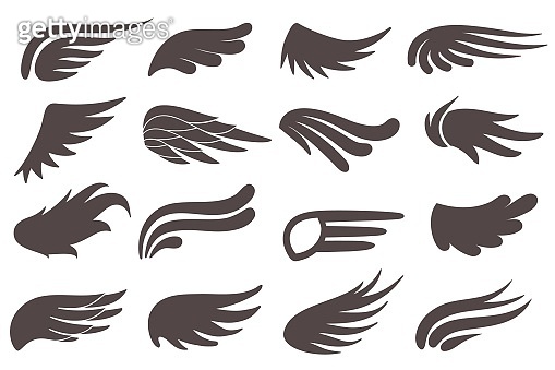 Wing icons. Different shapes of black wings emblems, birds feather ...