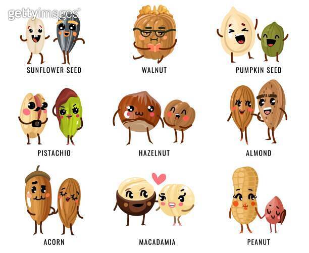 Cartoon nuts. Smiling funny characters with faces nut pecan and almond ...