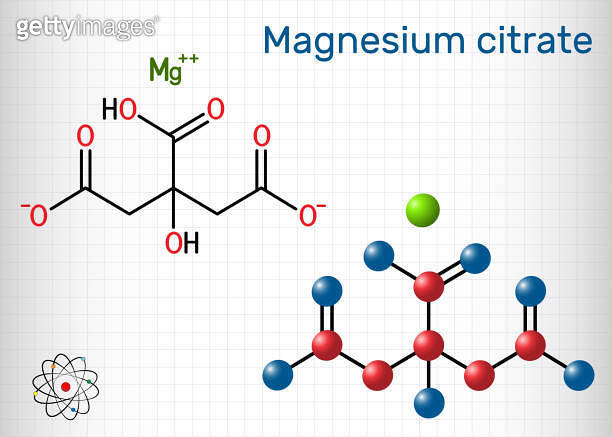 Magnesium citrate, C6H6MgO7 molecule. It is food additive E345 ...