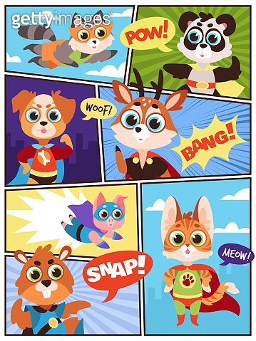 Comic super animals. Comics storyboard with funny costumed masked ...