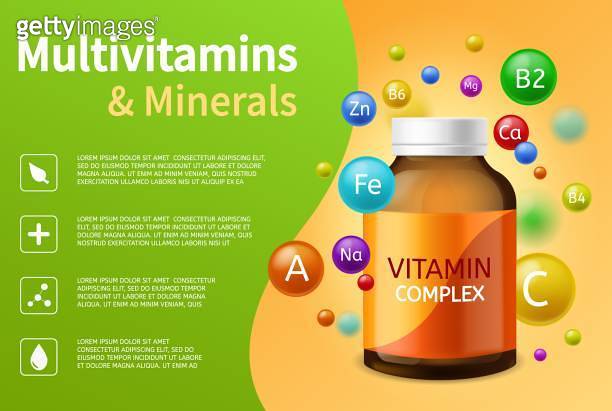 Vitamin complex. Realistic plastic bottle with multivitamins, minerals ...