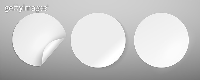 Round stickers mockup. Adhesive white blank circle labels with curved ...