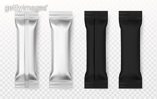 Blank sachet. Realistic black and white sugar or salt packet, package ...