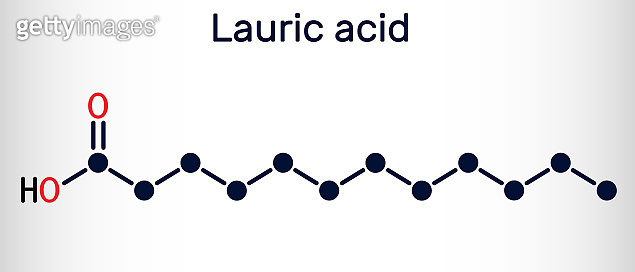 Lauric acid, dodecanoic acid, C12H24O2 molecule. It is a saturated ...