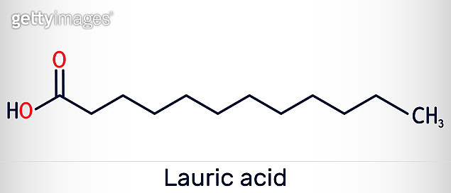 Lauric acid, dodecanoic acid, C12H24O2 molecule. It is a saturated ...