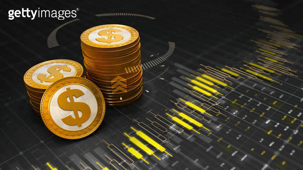 Group of golden Dollar coins placed on graph chart with digits and ...