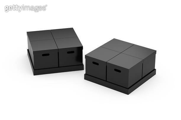 Four black cardboard boxes on paper pallet, mockup template on isolated ...