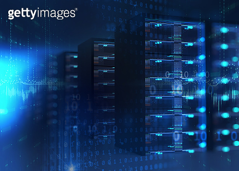 Corridor of server room 3d illustration with node base programming data design element. 이미지 ...