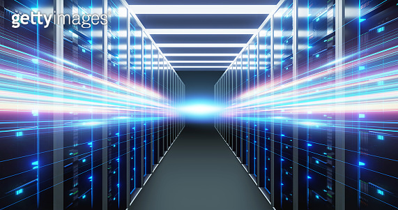 Corridor of server room 3d illustration with node base programming data design element. 이미지 ...