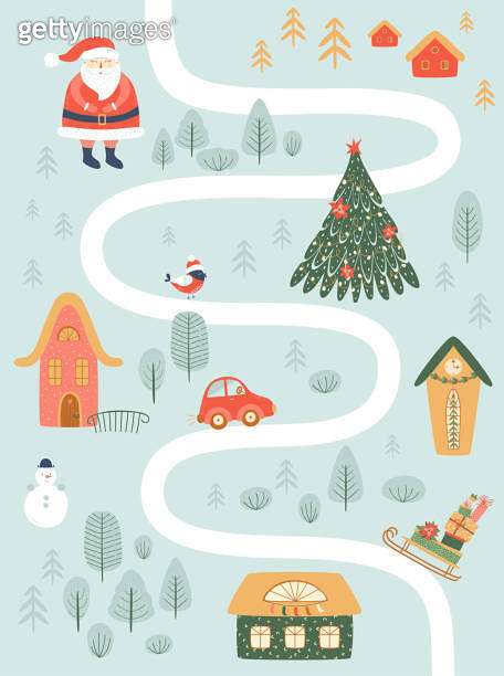 Christmas map. Winter Holidays Road Map. Christmas Village house ...