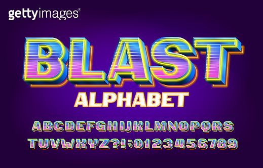 Blast alphabet font. 3D shining letters, numbers and symbols ...