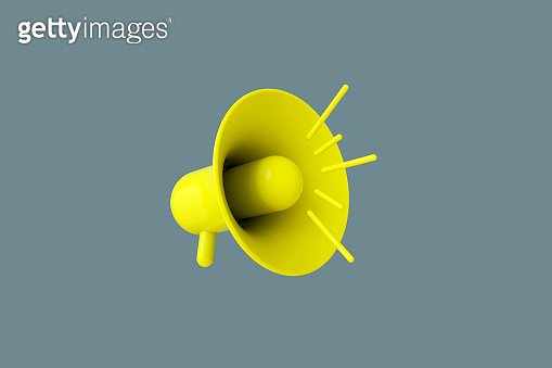 Yellow bullhorn announcement concept, megaphone isolated on gray ...