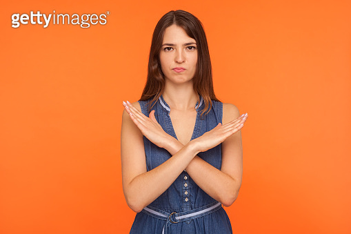 No Way Denial Concept Annoyed Brunette Woman Crossing Hands In X Sign