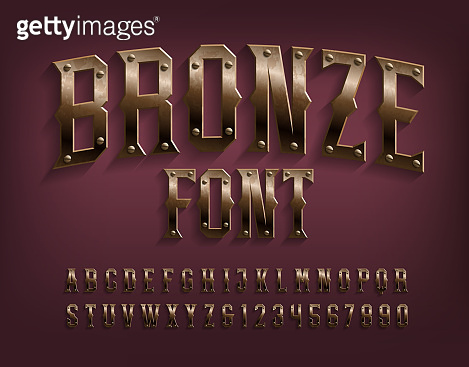 Bronze alphabet font. Beveled metallic letters and numbers with screws ...