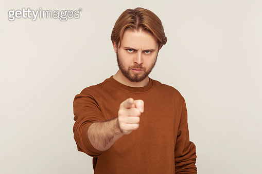 Hey you! Portrait of angry bossy strict man with beard wearing ...