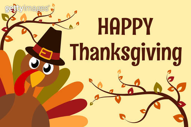 Happy Thanksgiving Day. Funny cartoon character turkey bird in pilgrim ...